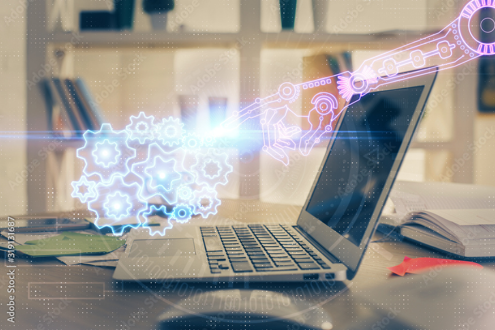 Double exposure of computer and technology theme drawing. Concept of ...