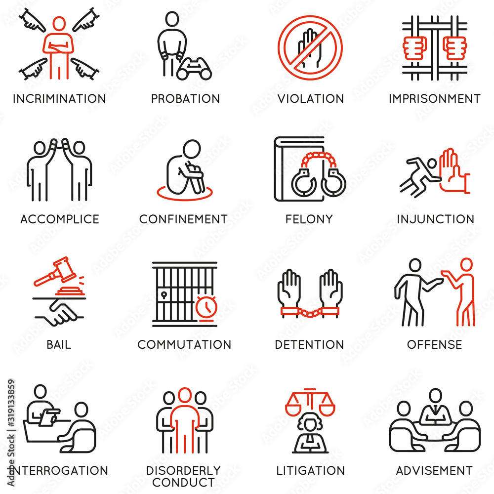 Vector set of linear icons related to law, justice and litigation. Mono ...