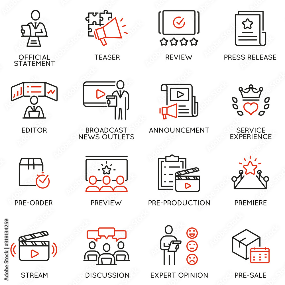 Vector set of linear icons related to announcement, pre-order, preview ...