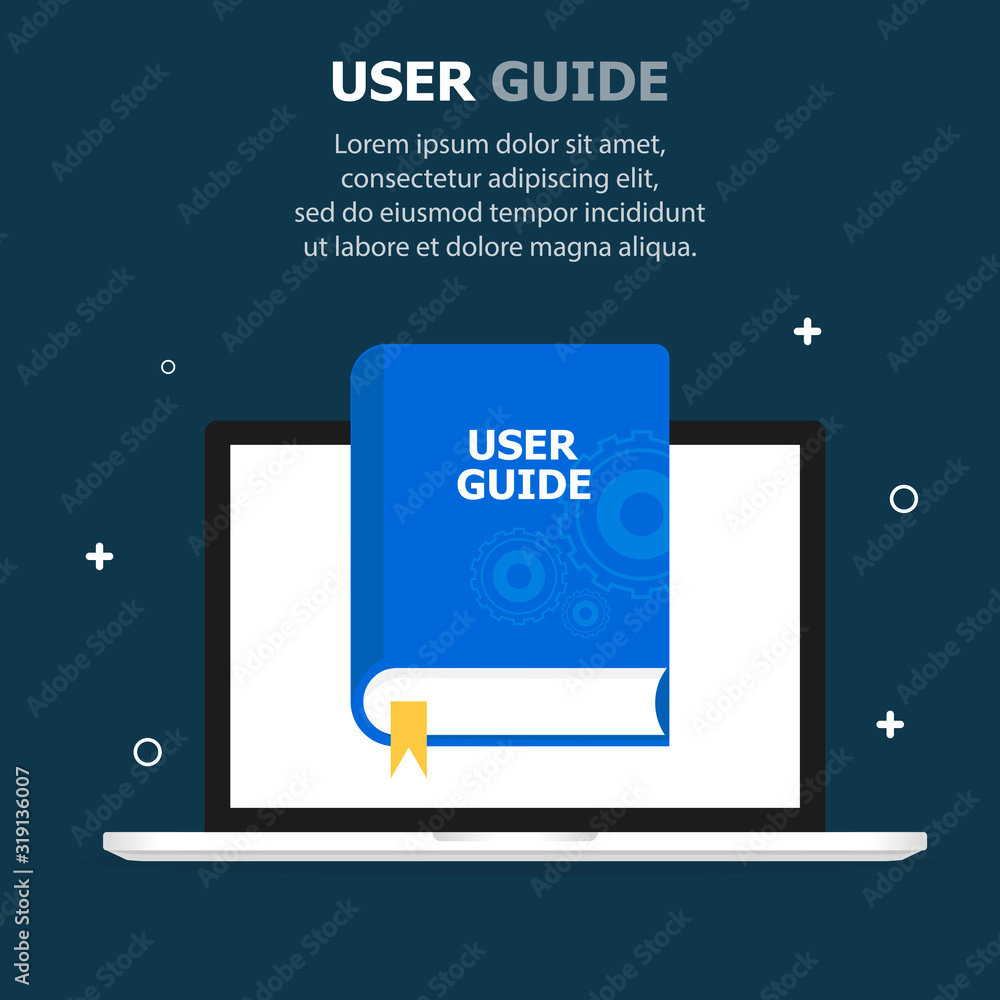 The blue book USER GUIDE is depicted on the computer screen. Dark blue ...