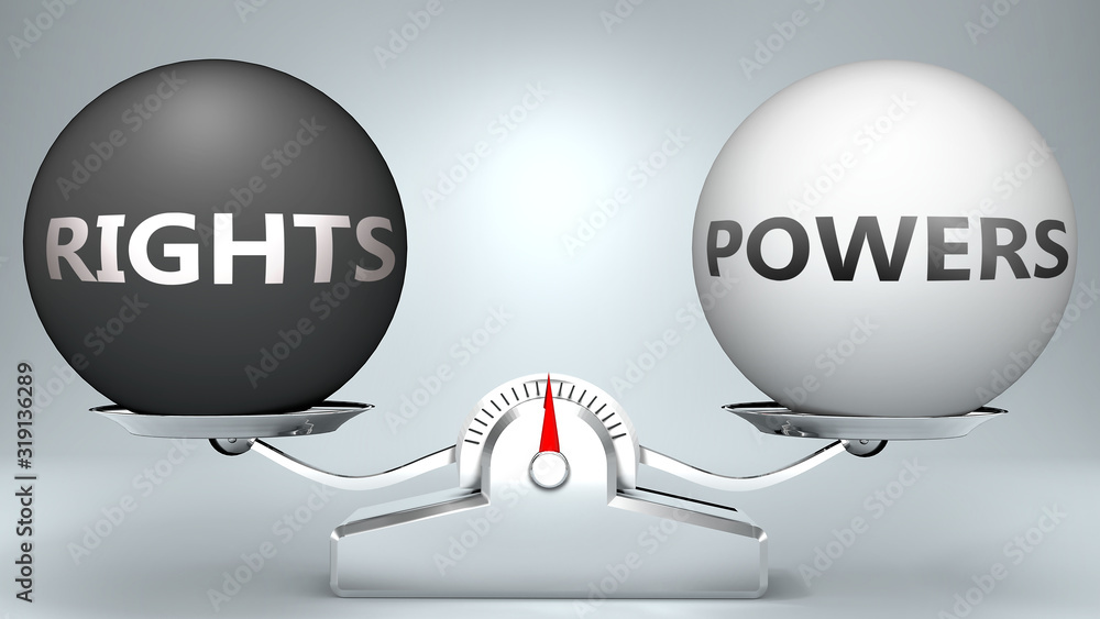 Rights and powers in balance - pictured as a scale and words Rights ...
