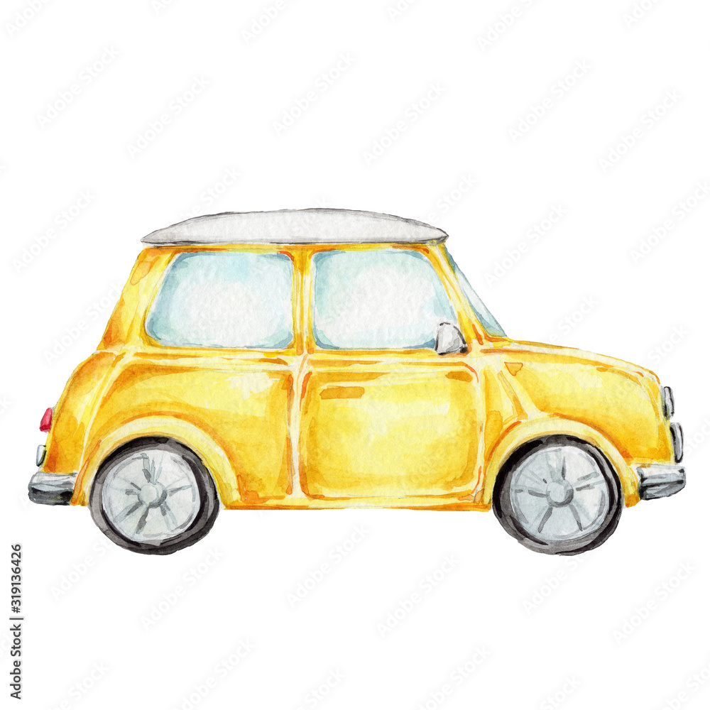 Cute yellow car; watercolor hand draw illustration; with white isolated ...