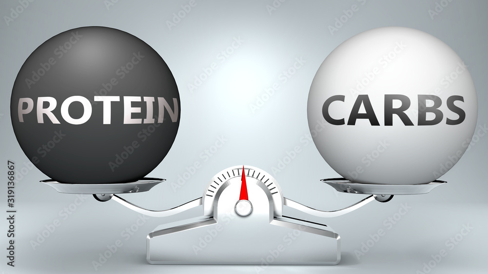 Protein and carbs in balance - pictured as a scale and words Protein ...