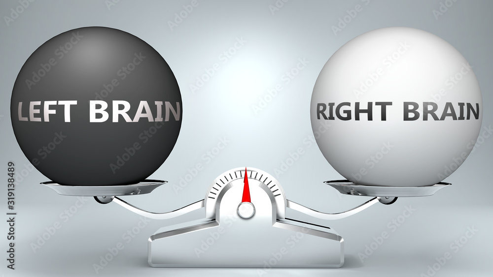 Left brain and right brain in balance - pictured as a scale and words ...