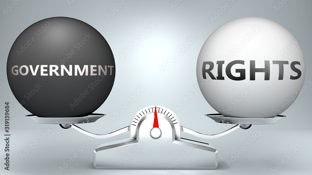 Government and rights in balance - pictured as a scale and words ...