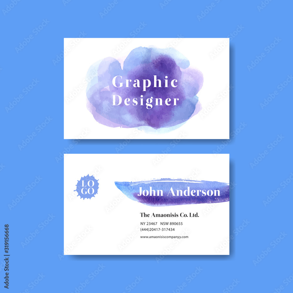 Splash color name card design with light blue watercolor illustration ...