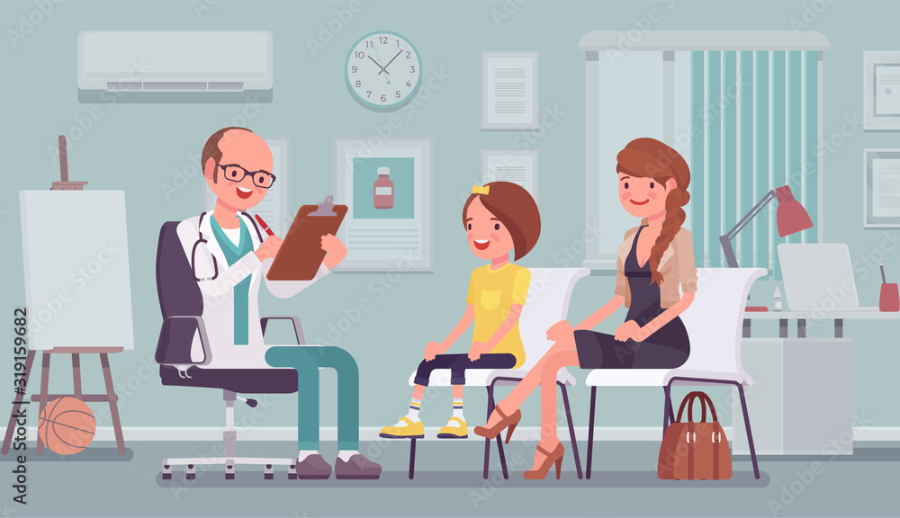Child pediatric check up procedure, male doctor. Family visiting ...