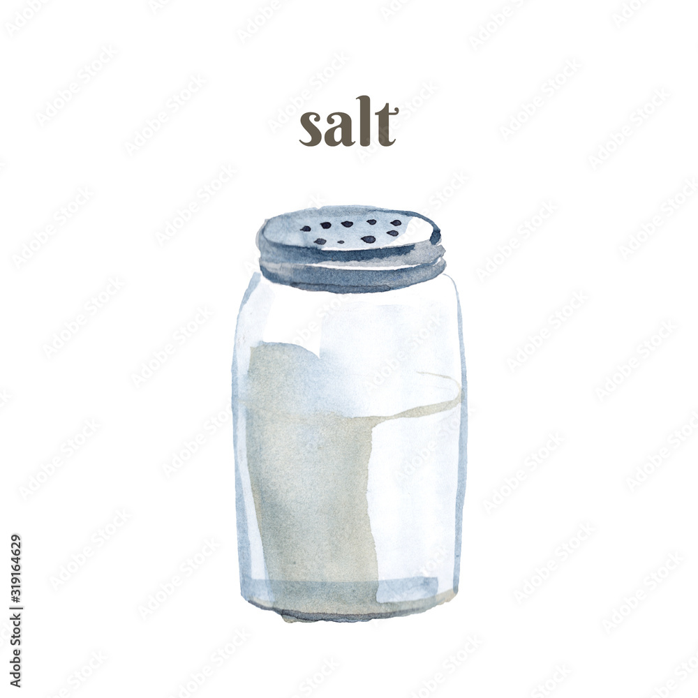 Salt in the glass shaker. Watercolor hand drawn illustration isolated ...