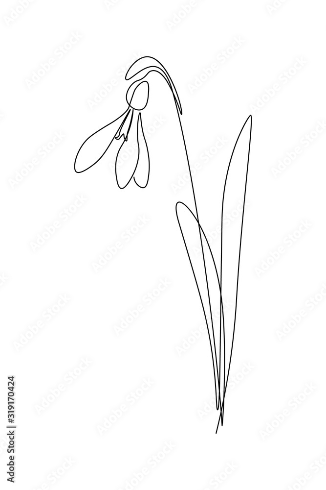 Spring snowdrop flower in continuous line art drawing style. Black ...