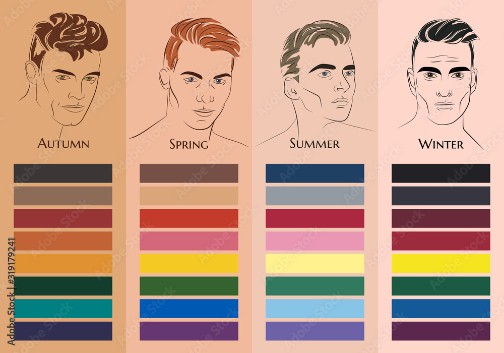 Seasonal color analysis. Set of vector hand drawn men with different ...
