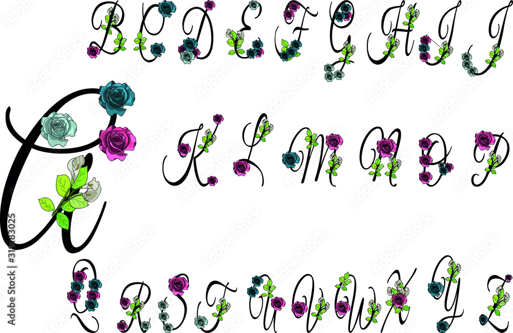 Floral alphabet font uppercase letters with blue roses flowers isolated ...