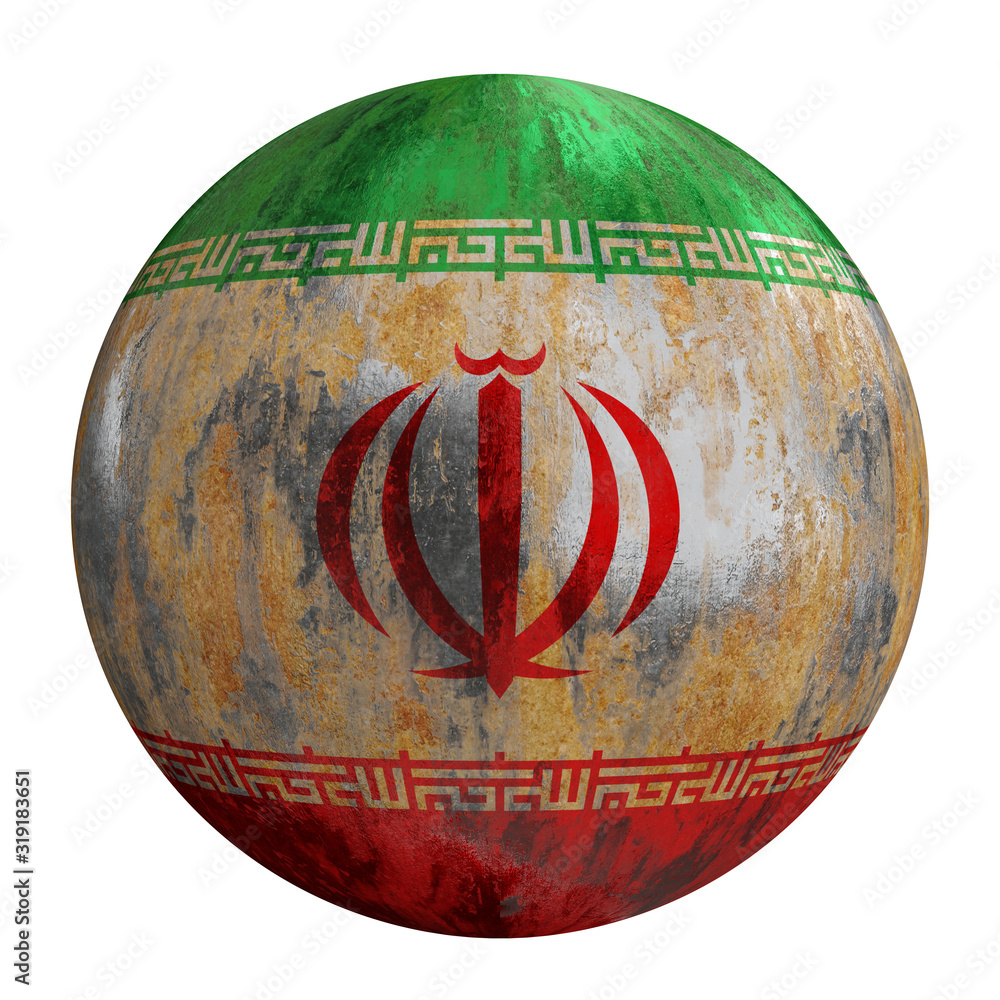 Iran flag on rusted metal sphere 3d render. Iranian flag icons ...