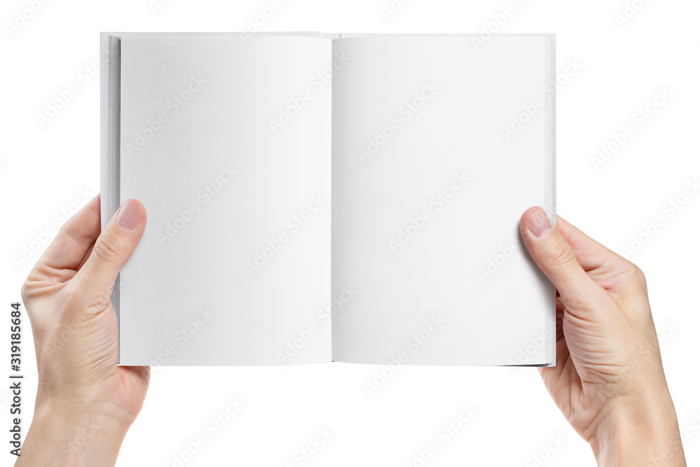 Hands holding an open book with blank pages, isolated on white ...