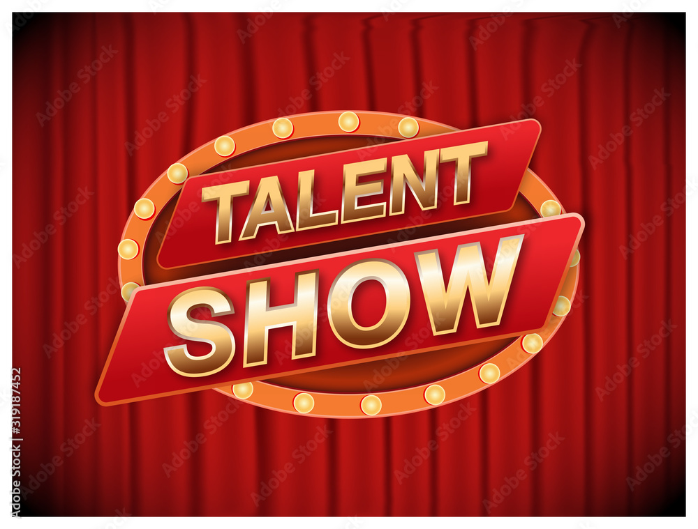 Talent show sign stage banner, red curtains and event invitation poster ...