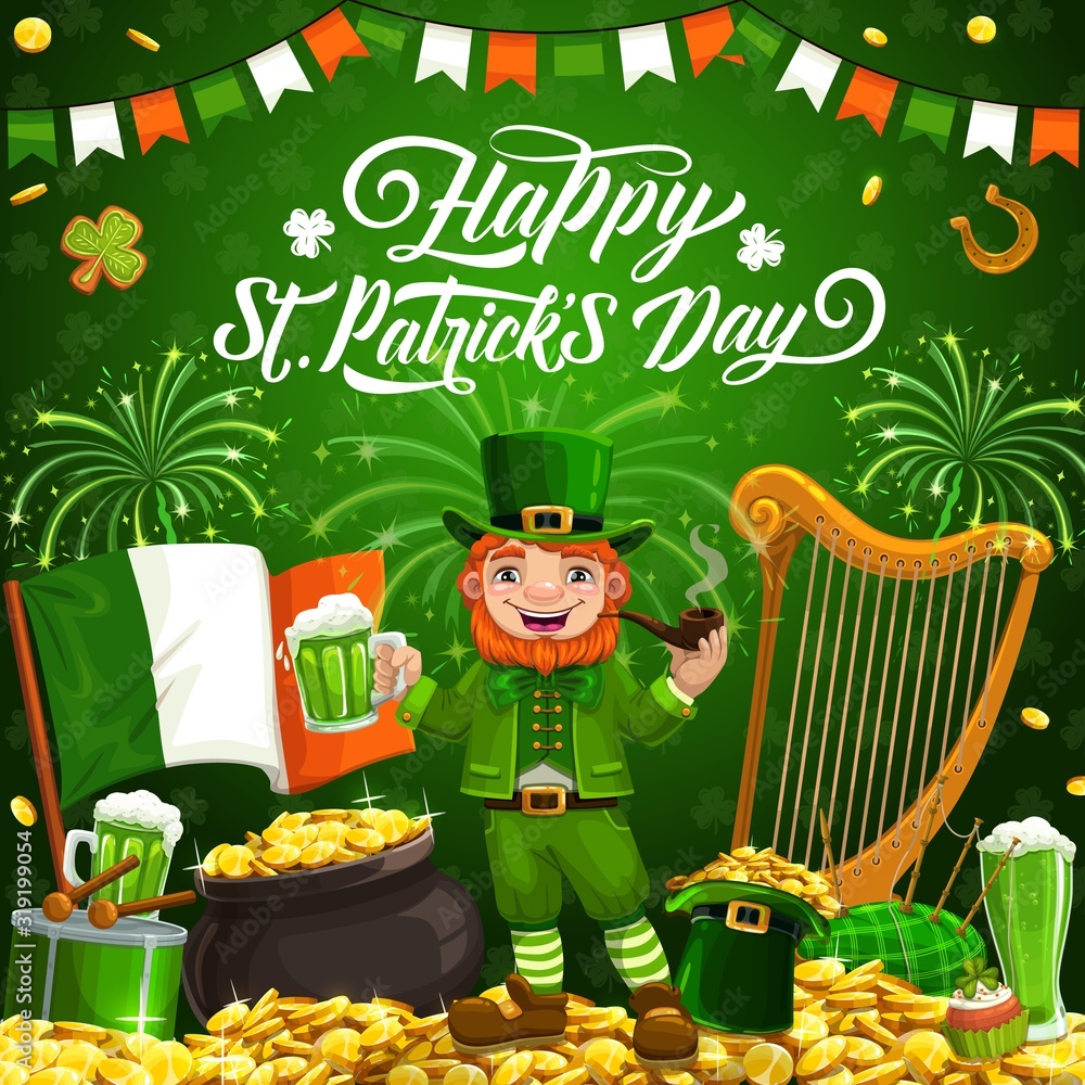 Happy Patricks day smiling leprechaun in green suit drinking a beer and ...