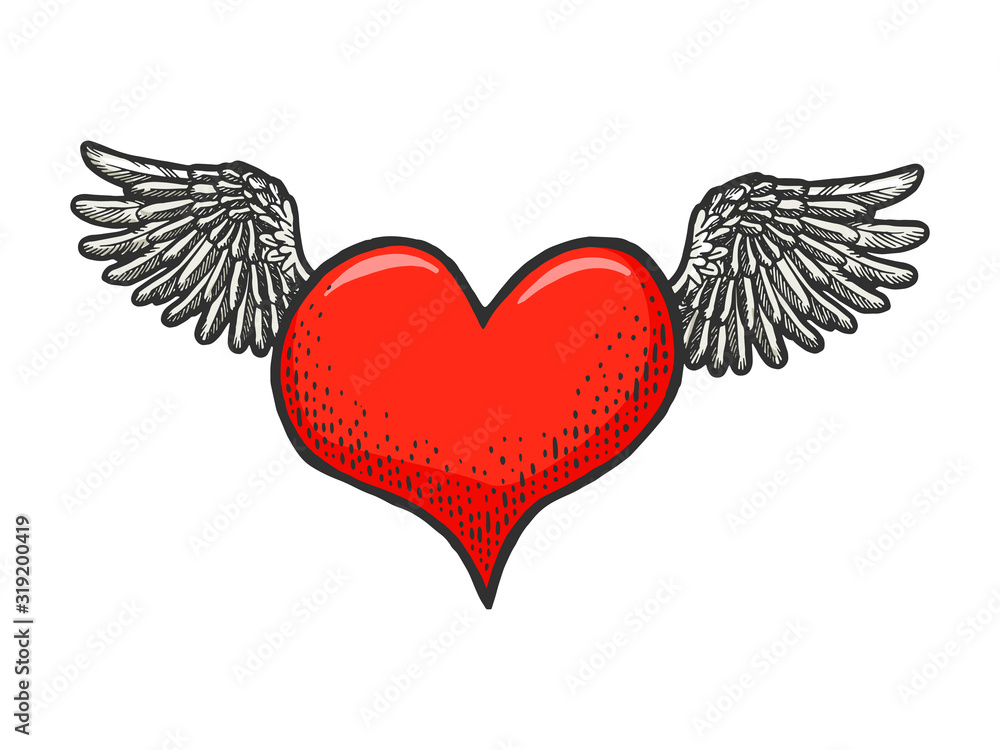 Heart symbol fly on wings sketch engraving vector illustration ...