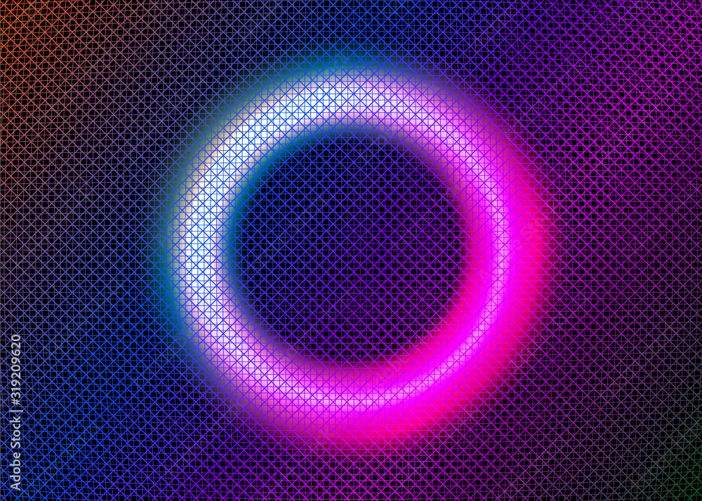 psychedelic grid with luminescent neon round. Bright abstract retro ...