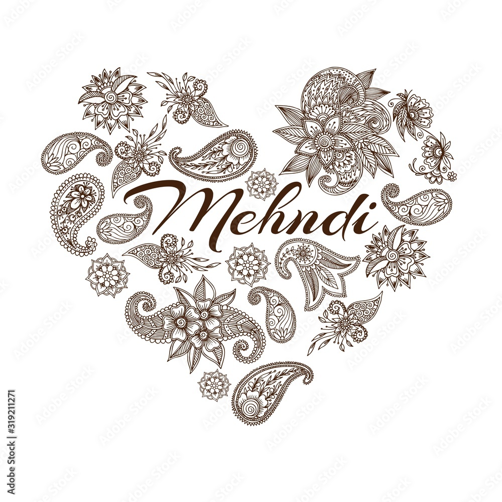 Mehendi oriental floral ornament in indian mehndi style in heart shape ...