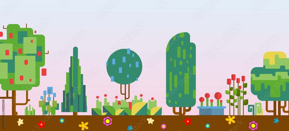 Pixelated nature scenery vector illustration, pixel art game process ...