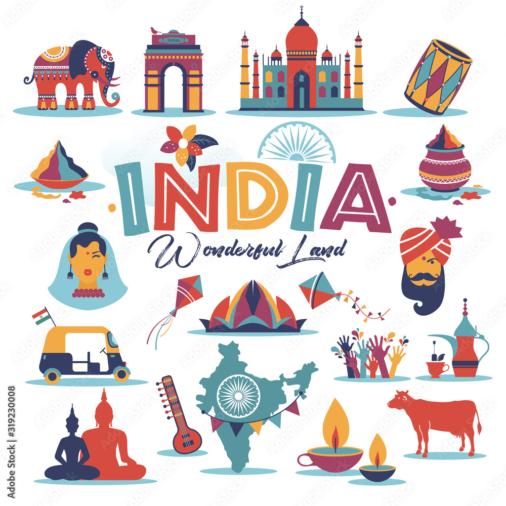 India set Asia country vector Indian architecture Asian traditions ...