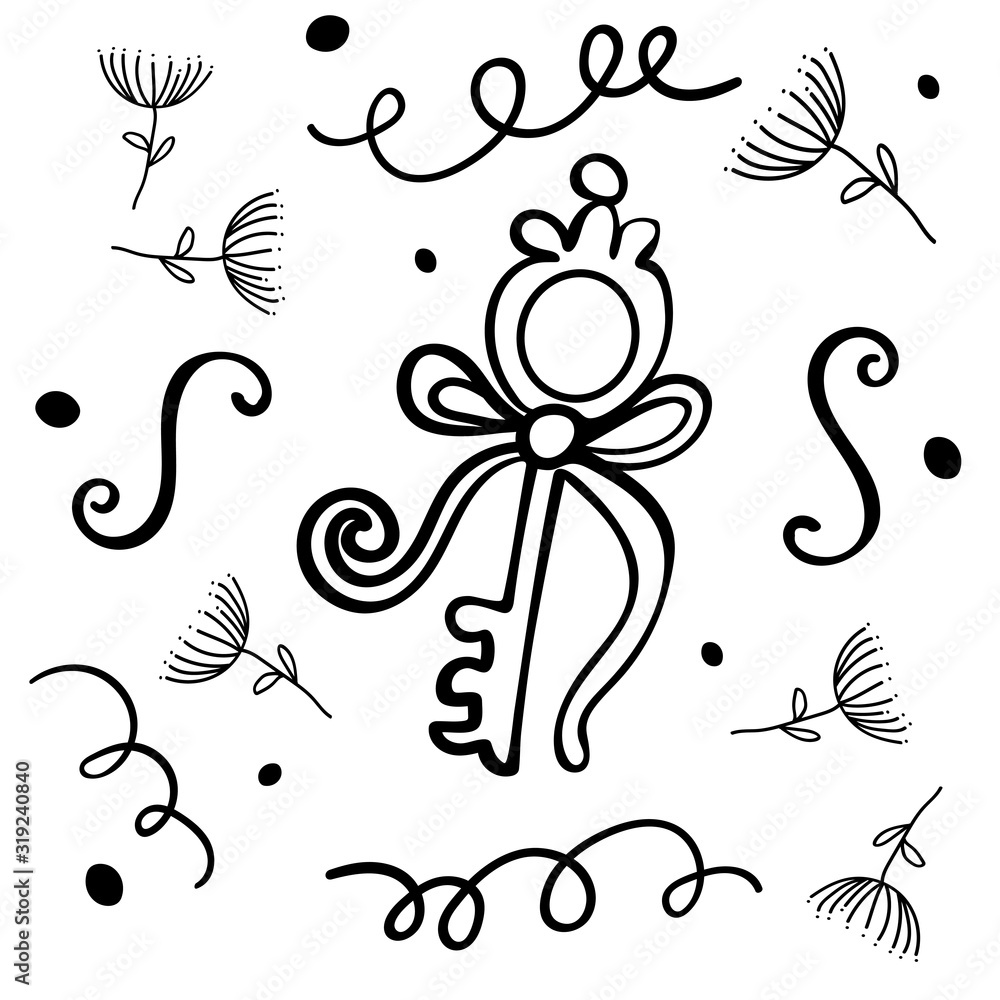 Key with ribbon. Cartoon vector Doodle illustration. Magic. Coloring ...