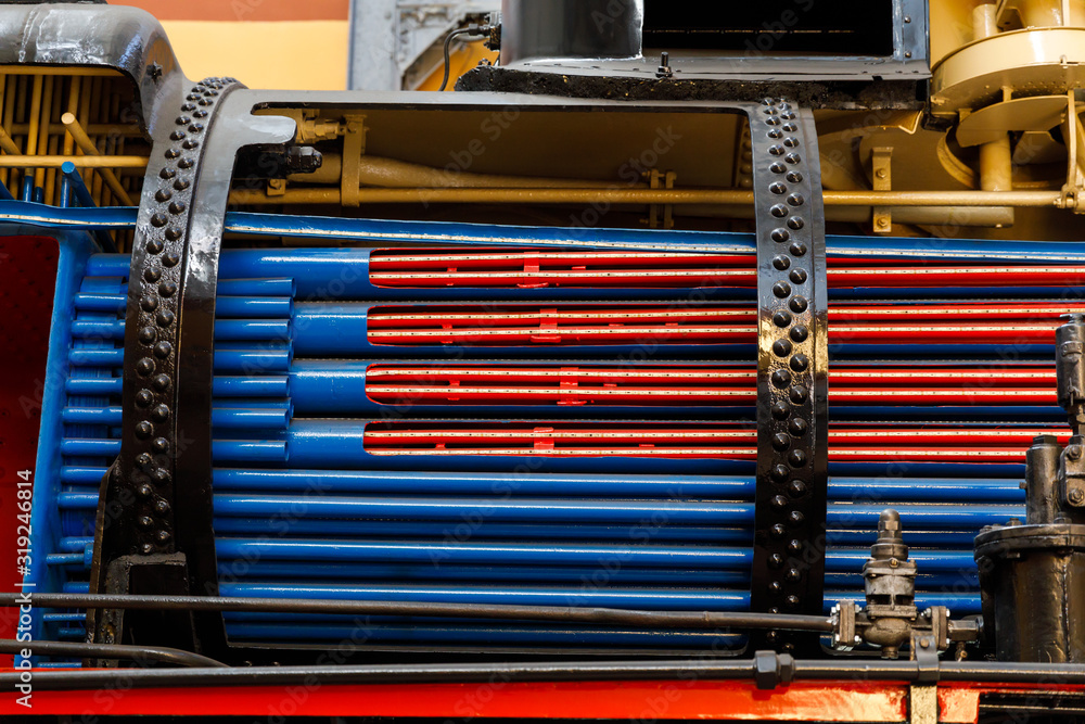 boiler and chimneys in steam train, detail of mechanism a vintage ...