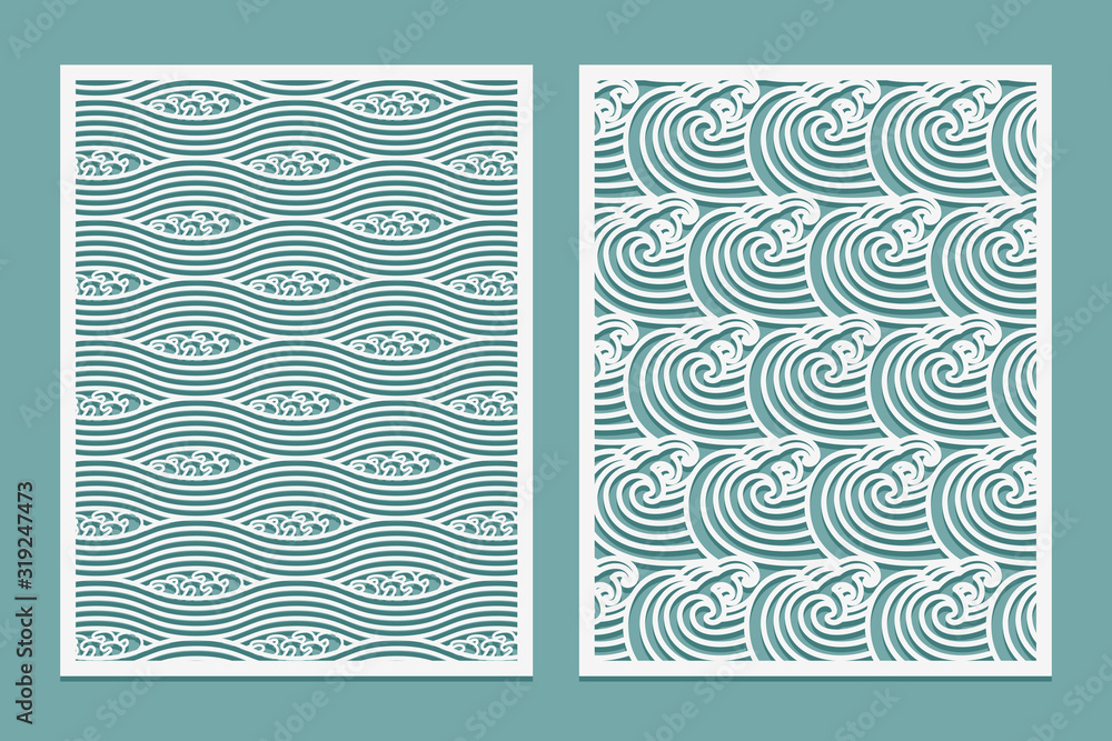 Set of Laser cut template pattern. Rivers waves Asian style scenery ...