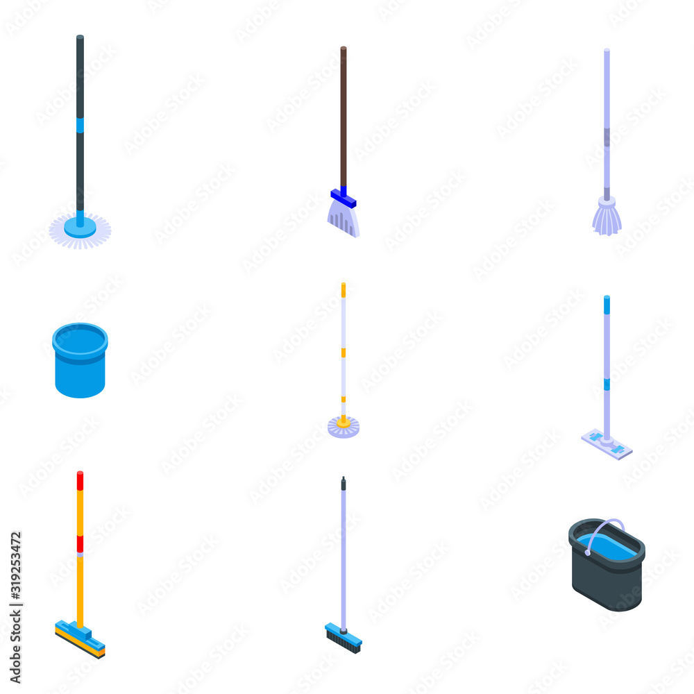 Mop icons set. Isometric set of mop vector icons for web design ...