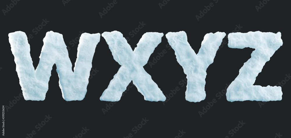 Snow letters W X Y Z uppercase. 3D render of snowy font isolated on ...