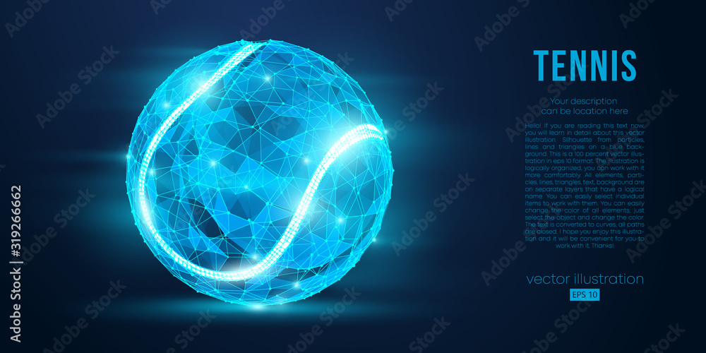 Abstract silhouette of a tennis ball from particles, lines, triangles ...