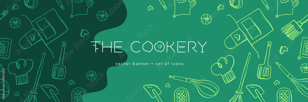 Cooking banners with hand drawing linear illustrations for restaurant ...