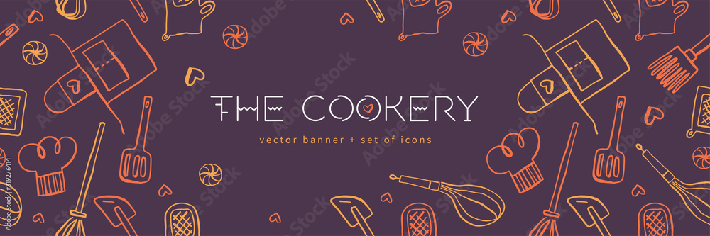 Cooking banners with hand drawing linear illustrations for restaurant ...