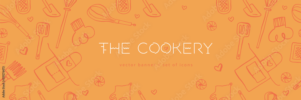 Cooking banners with hand drawing linear illustrations for restaurant ...