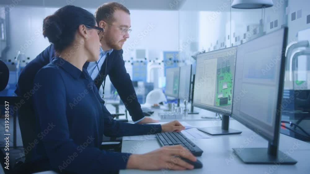 Modern Electronics Factory: Male Supervisor Talks to a Female ...