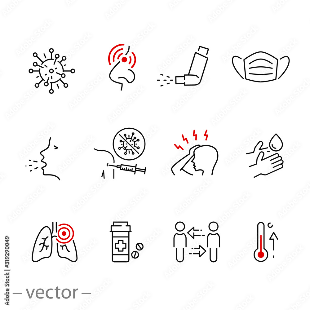 symptom cold virus icon set, infection flu, methods of protection and ...