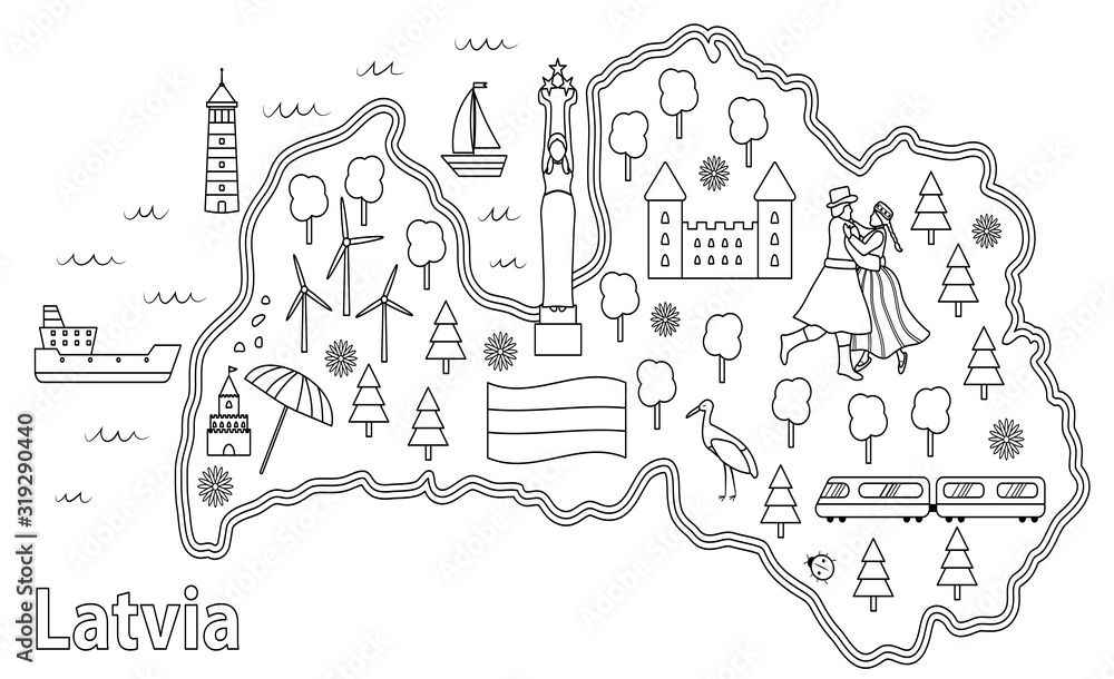 Coloring page for children. Travel map of Latvia. Latvian flag and ...