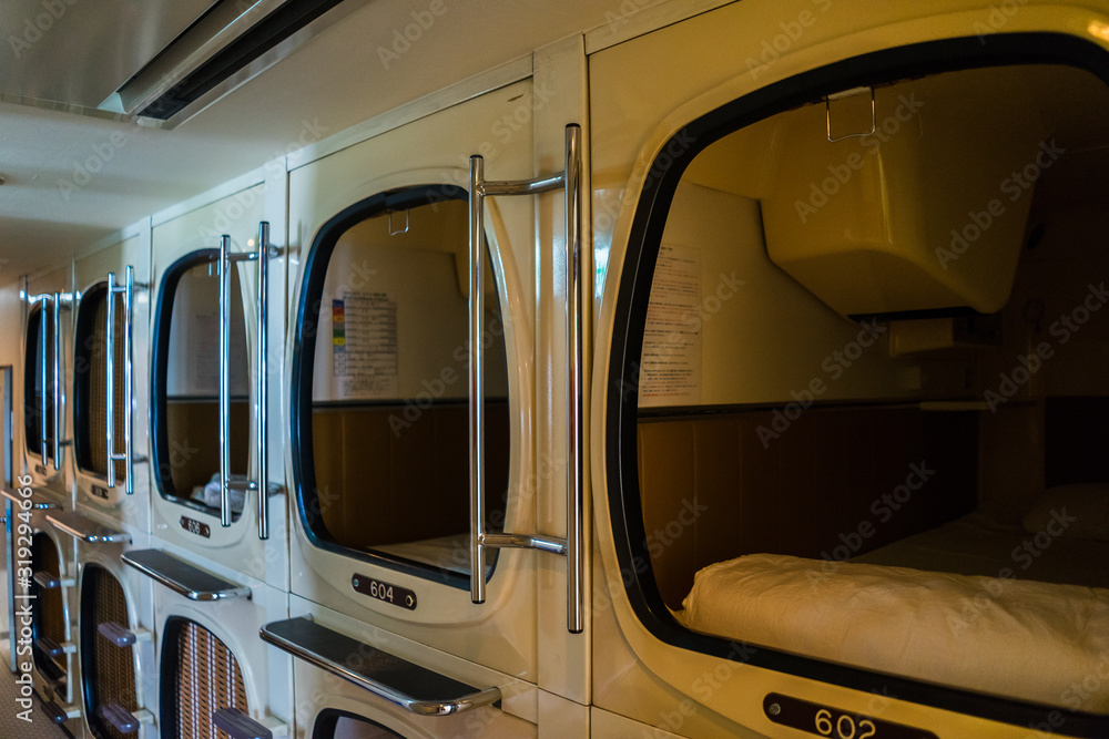 inside a capsule hotel in Tokyo Stock Photo | Adobe Stock