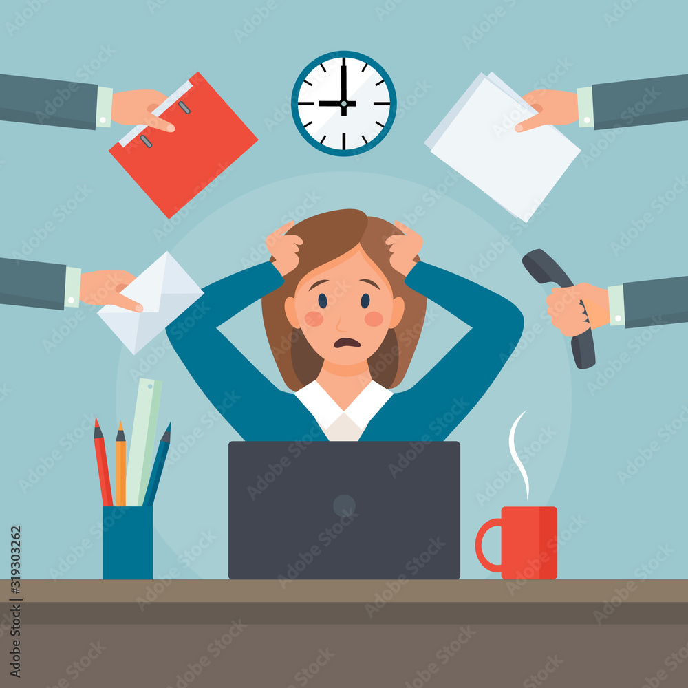 Stressed Multitasking Business Woman at Workplace. A Lot Of Things To ...