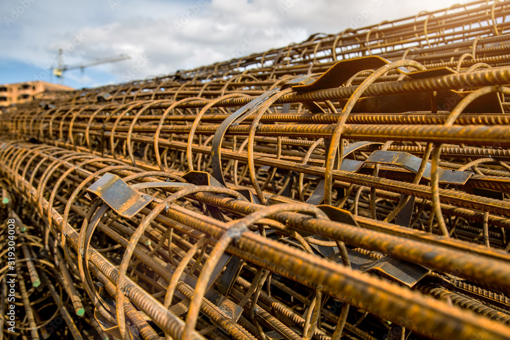 steel rebar for reinforcement concrete at construction site with house ...
