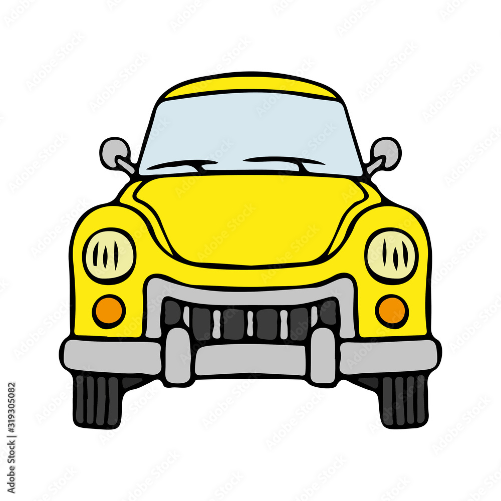 Old classic yellow cartoon car. Front view. Vector hand drawing ...