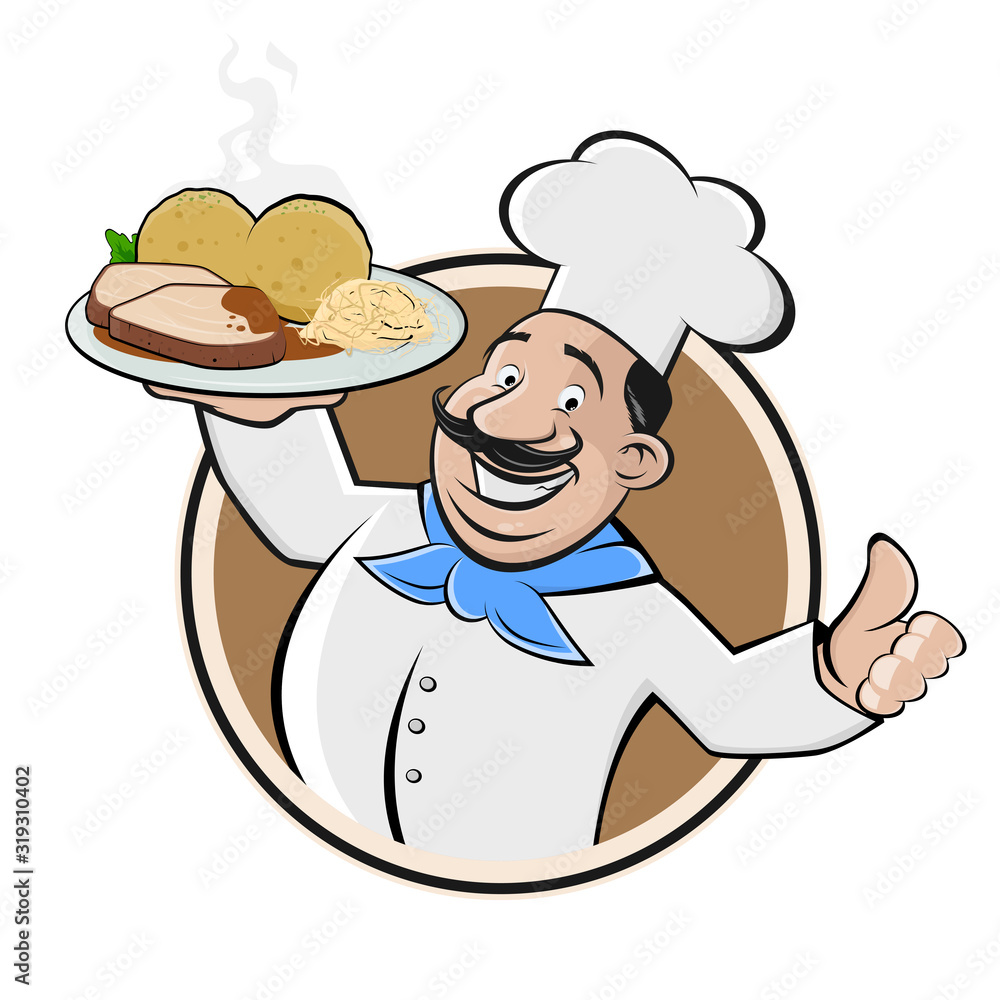 cartoon sign of a chef with German dish schweinebraten Stock Vector ...