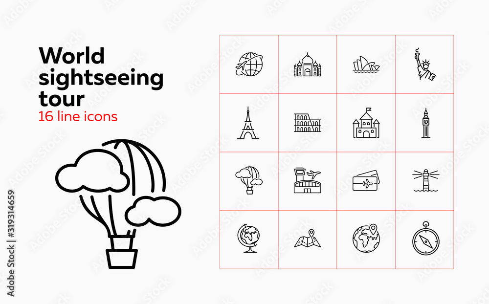 World sightseeing tour icons. Set of line icons. Tourism, map, building ...