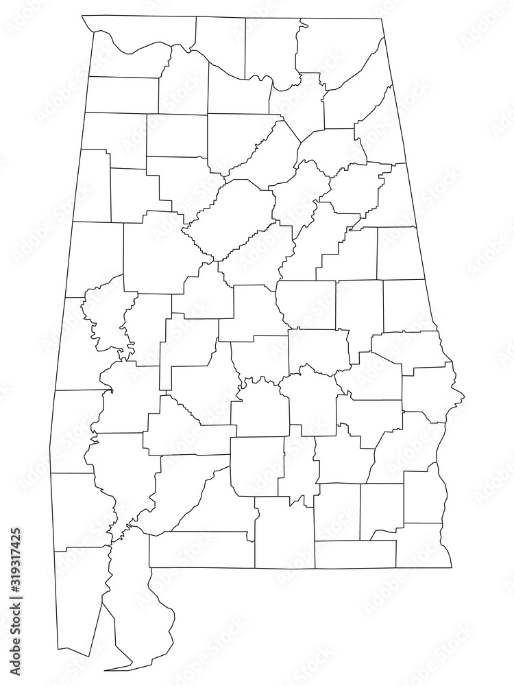 White Outline Counties Map of US State of Alabama Stock Vector | Adobe ...