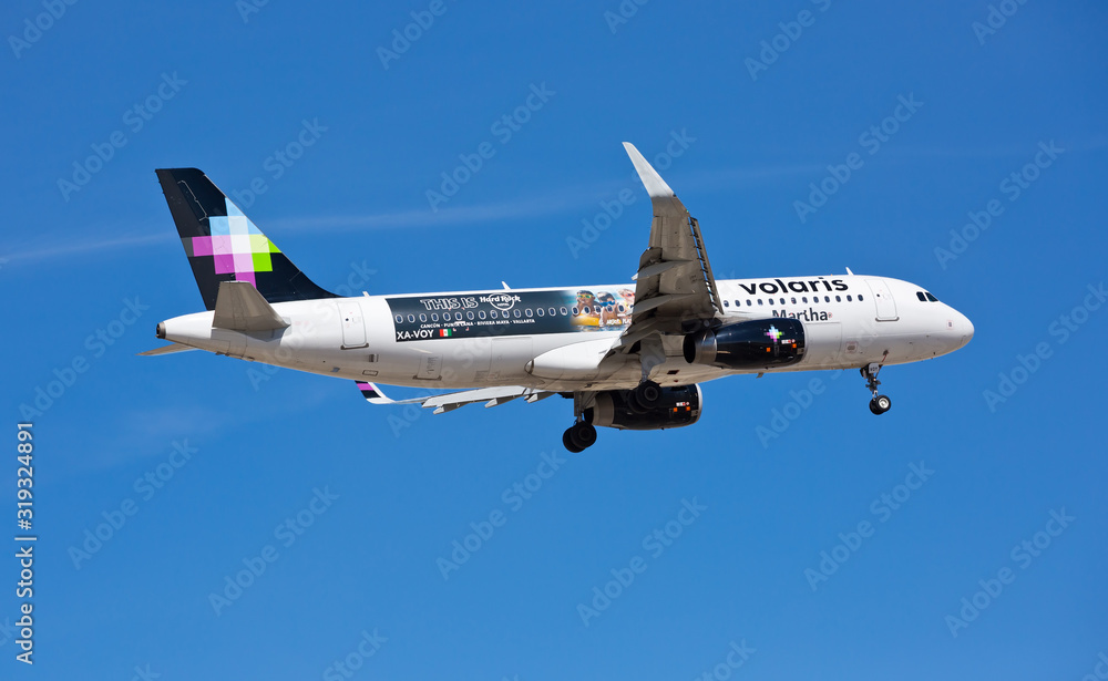 Chicago, USA - March, 24, 2018: Volaris Airbus A320 displaying the Hard ...
