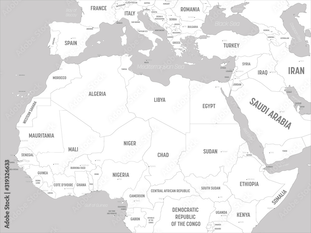 Northern Africa map - white lands and grey water. High detailed ...