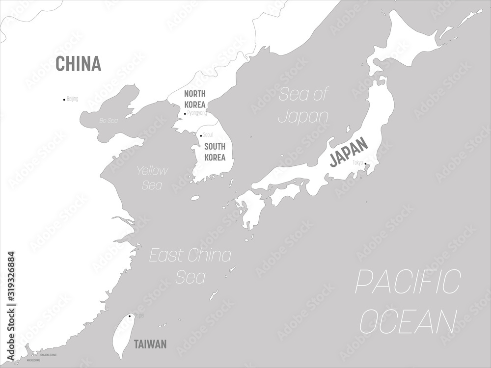 East Asia map - white lands and grey water. High detailed political map ...