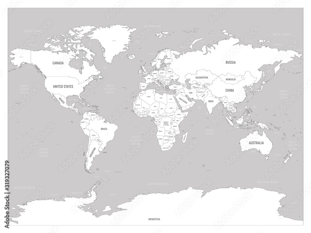 World map - white lands and grey water. High detailed political map of ...