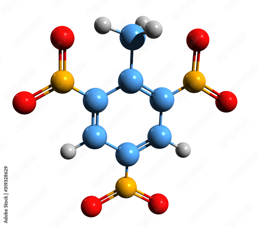 3D image of trinitrotoluene skeletal formula - molecular chemical ...