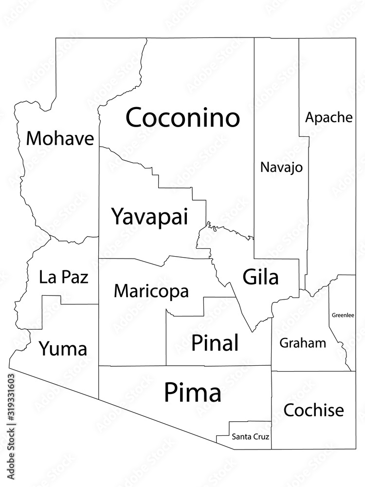 White Outline Counties Map With Counties Names of US State of Arizona ...