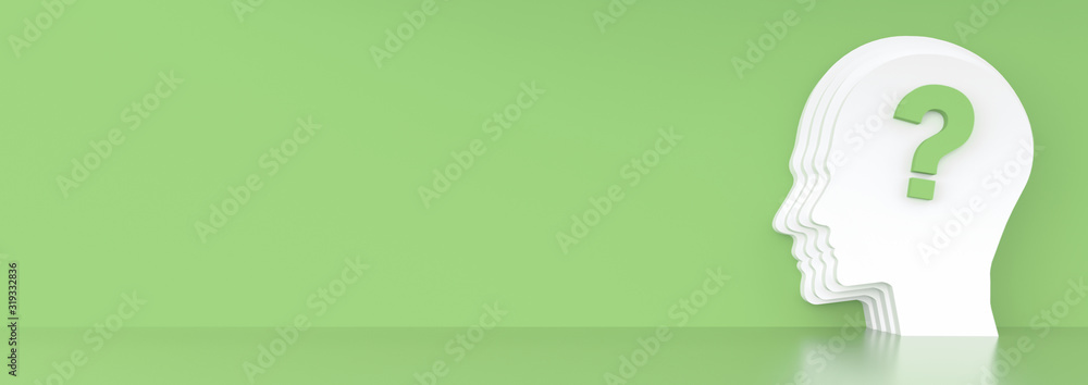 question mark in Human Head outline in front of a color wall background ...